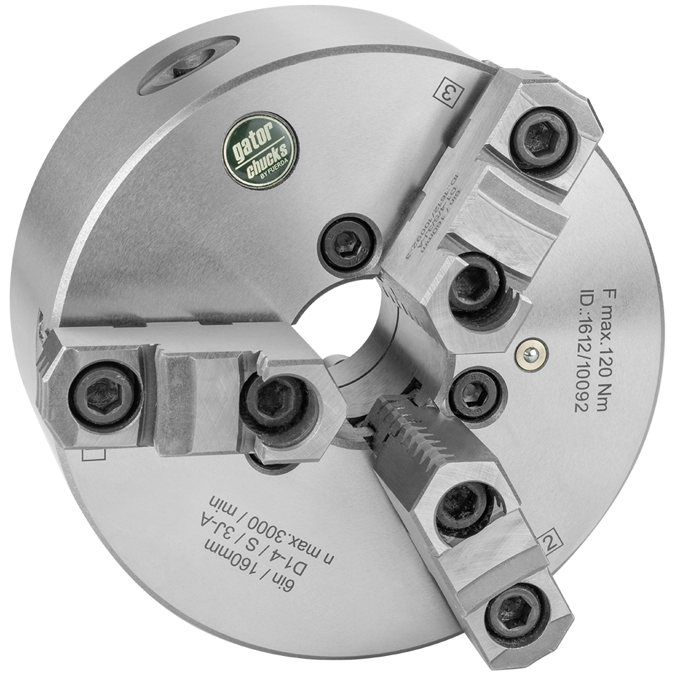 3-Jaw Scroll Chuck, 6" Cast-Iron Body, Direct Mount D1-3, 2 PC Hard Re ...